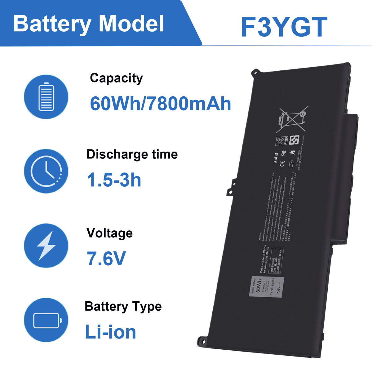 F3YGT : 7.6 volt 60Wh battery for Dell Latitude computers — Batteries ...